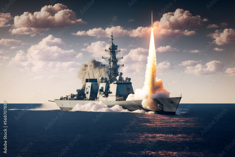 Military powerful ships in the sea release cruise missiles taking off ...