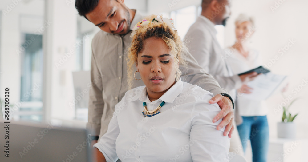 Sexual Harassment Touch And Uncomfortable With A Business Man Putting A Hand On The Shoulder Of