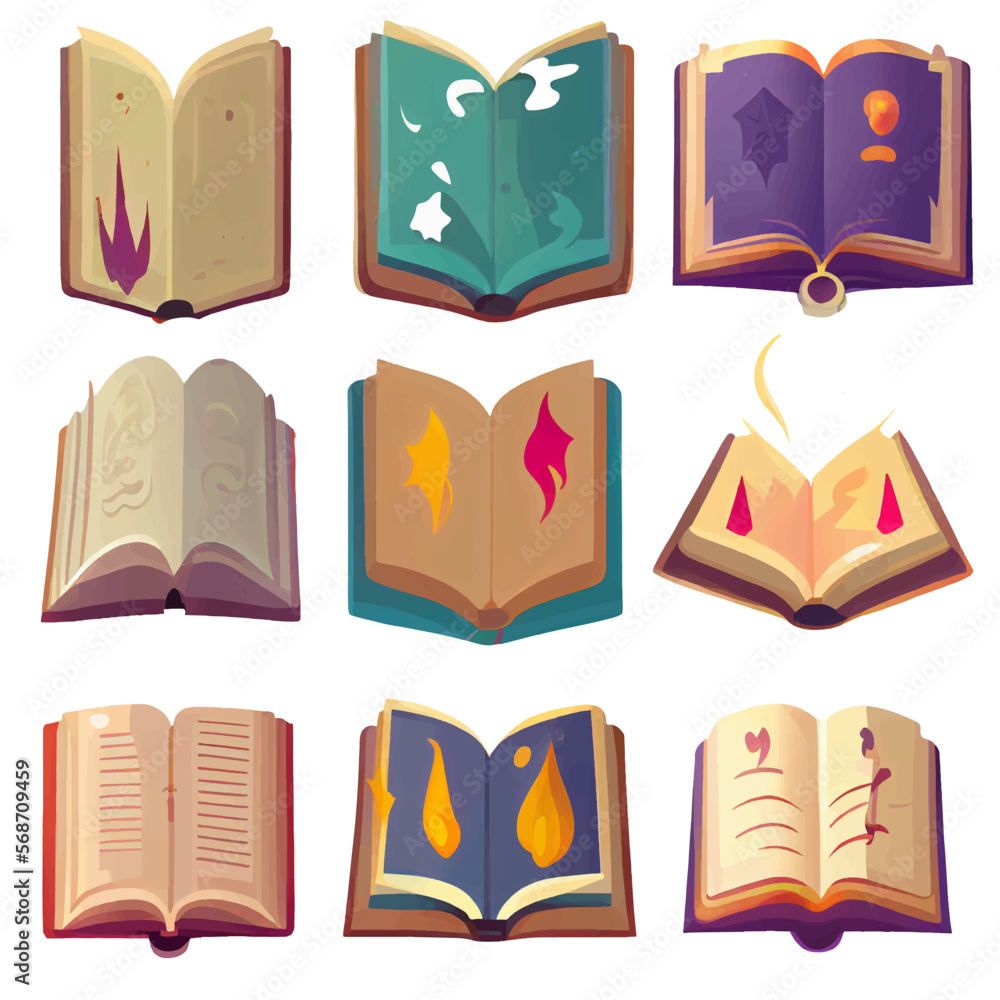 vector set illustration in cartoon style of open magic book Stock ...