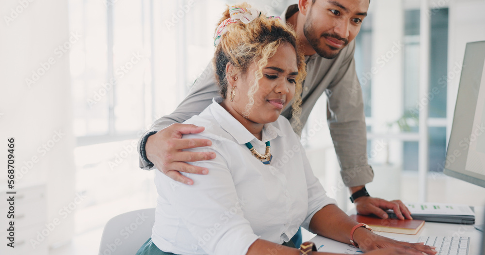 Sexual harrasment, workplace abuse and business woman with ...