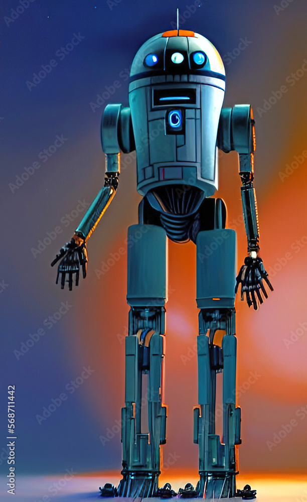 Tall robot droid with long arms and legs. Isolated on a blue and orange ...