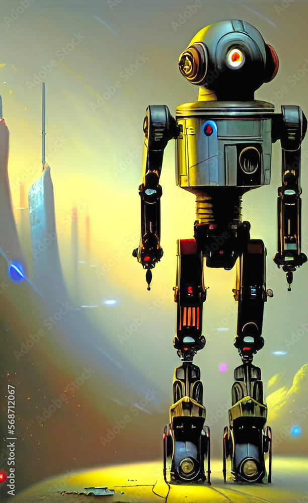 Tall robot droid with long arms and legs standing on a ledge with ...