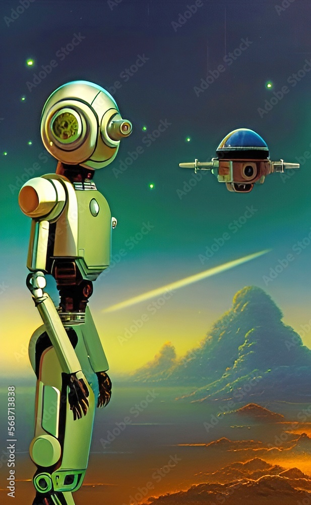 Robot droid with long arms and legs standing next to a small spaceship ...