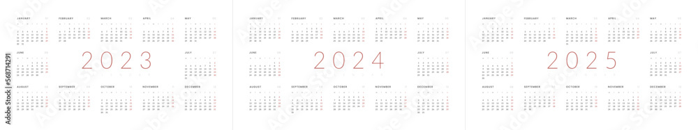 Set of 2023, 2024, 2025 Annual Calendar template. Vector layout of a ...