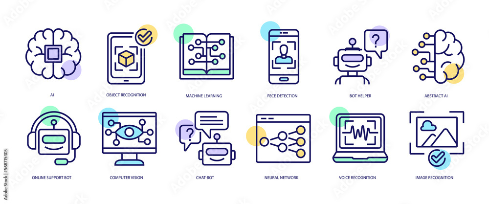 Set of linear icons with AI concept in purple, yellow on blue colors ...