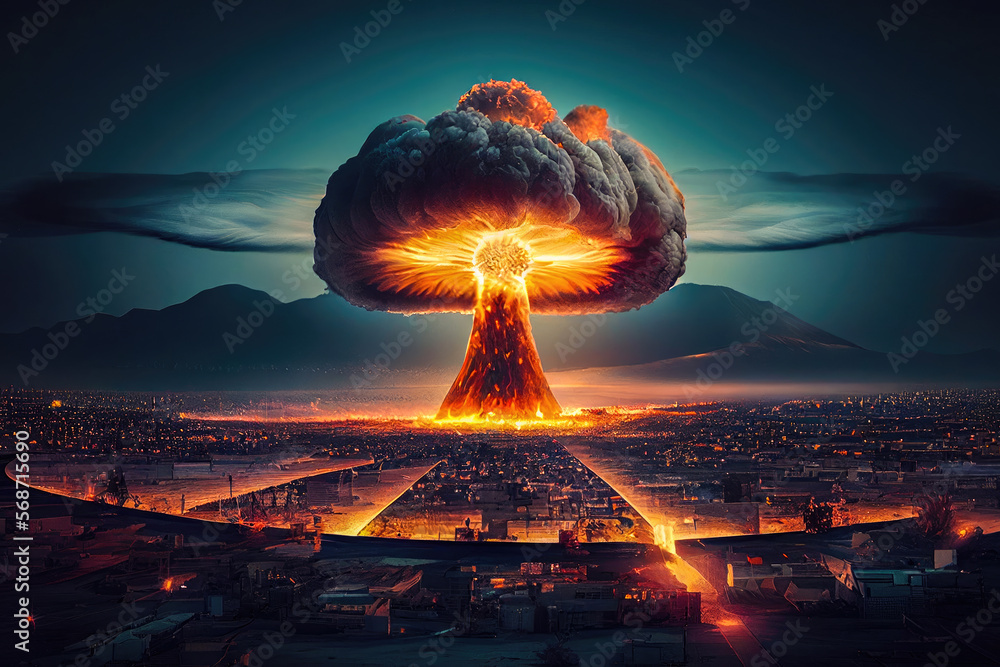 Powerful explosion fire in the shape of a nuclear mushroom cloud over ...