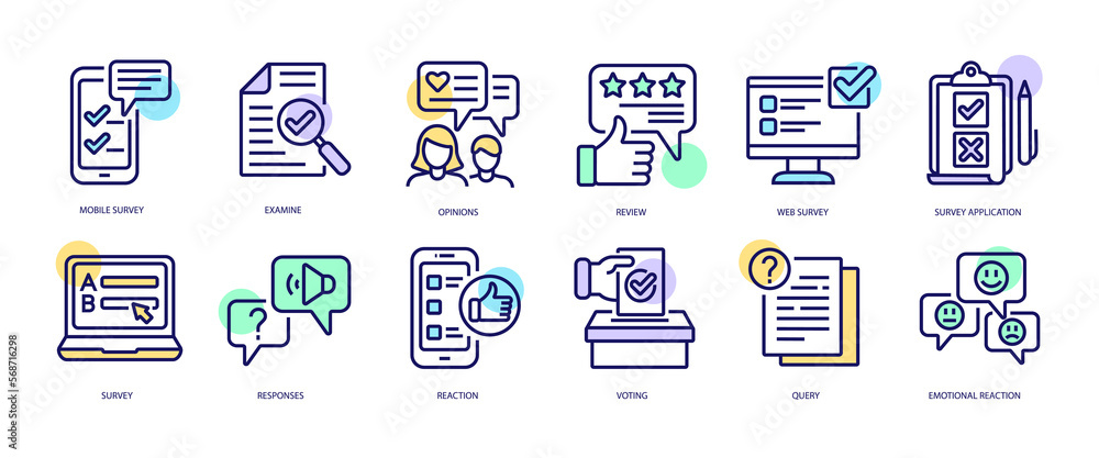 Set of linear icons with Survey concept in purple, yellow on blue ...