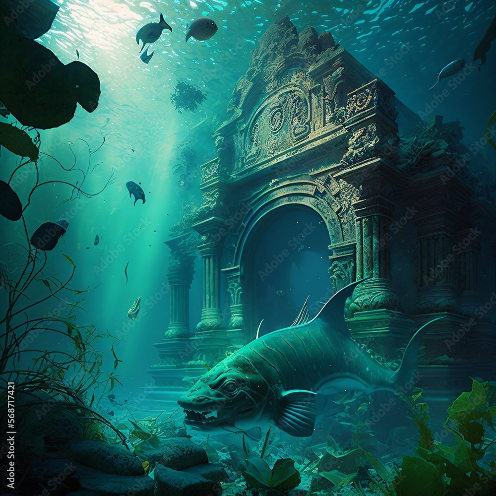 atlantis underwater scene, magic blue ocean with ancient temple ruins ...