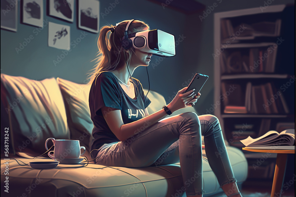 Exploring the world of virtual reality with a VR headset. Discovering ...