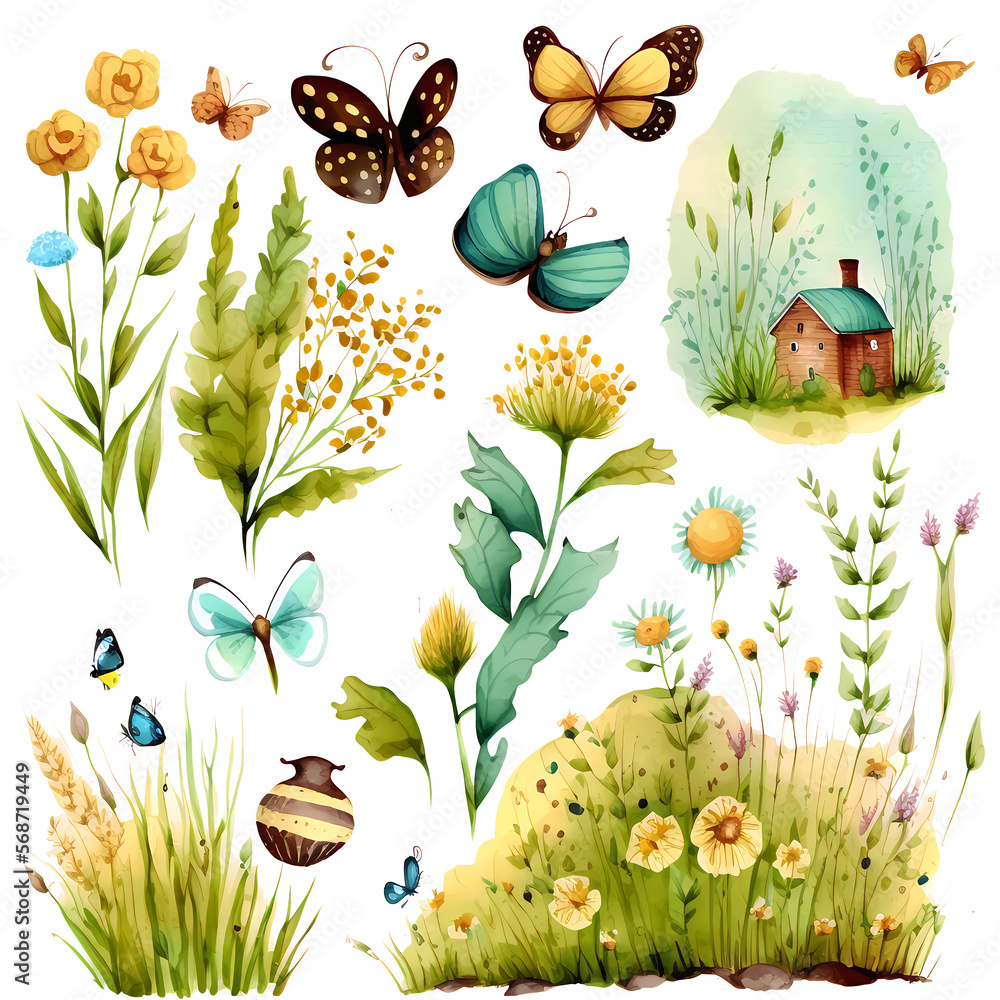 cute cartoon collection on white background with wildflowers generative ...