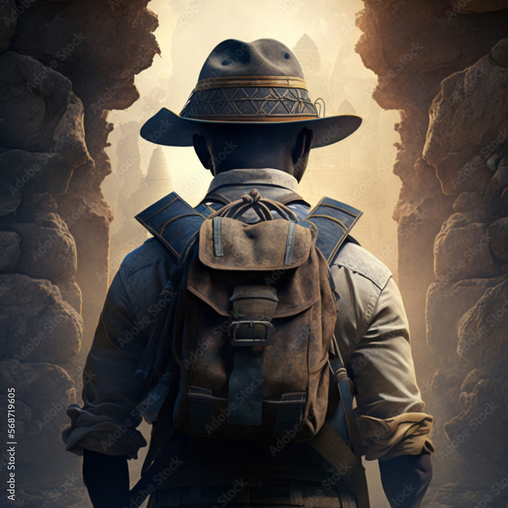 Back view of an archaeologist in an archaeological excavation ...