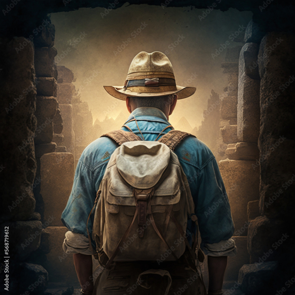 Back view of an archaeologist in an archaeological excavation ...