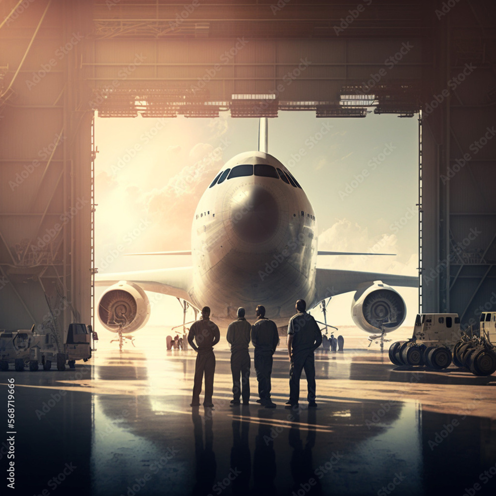Poster, Foto Aeronautical engineers in a hangar and a jetliner, DALU11 ...