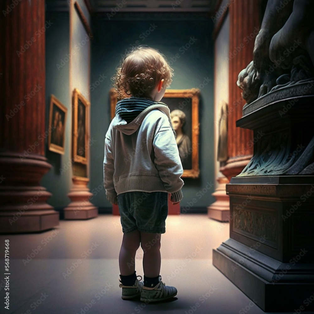 Back view of a child in a museum. Generative AI. Stock Illustration ...
