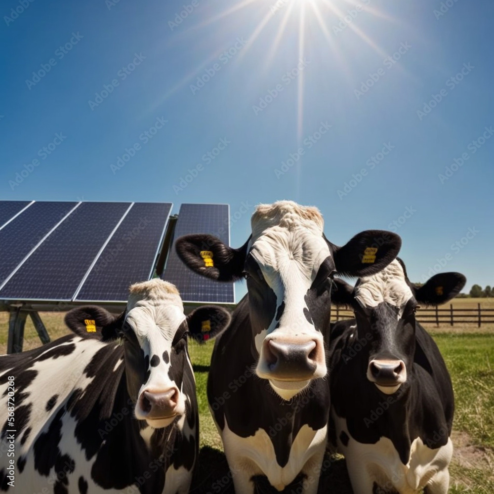 Cows on a modern farm with solar panels. Generative AI. Stock ...