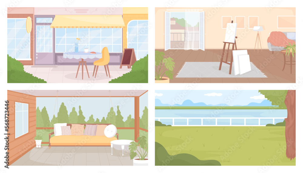 Cozy places to hang out flat color vector illustrations pack. Relaxing ...