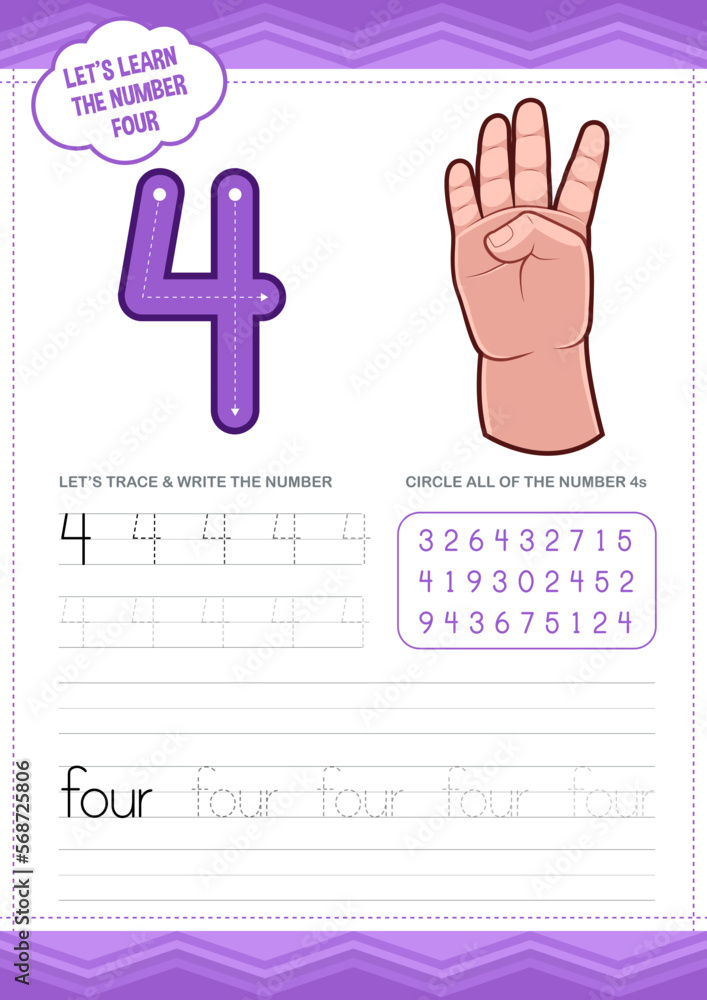 Preschool Learning Number Four Worksheet Stock Vector | Adobe Stock