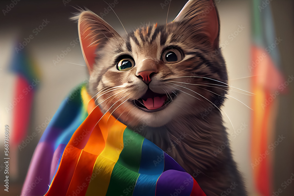 happy cat with pride flag. concept of equality, AI Stock Illustration ...