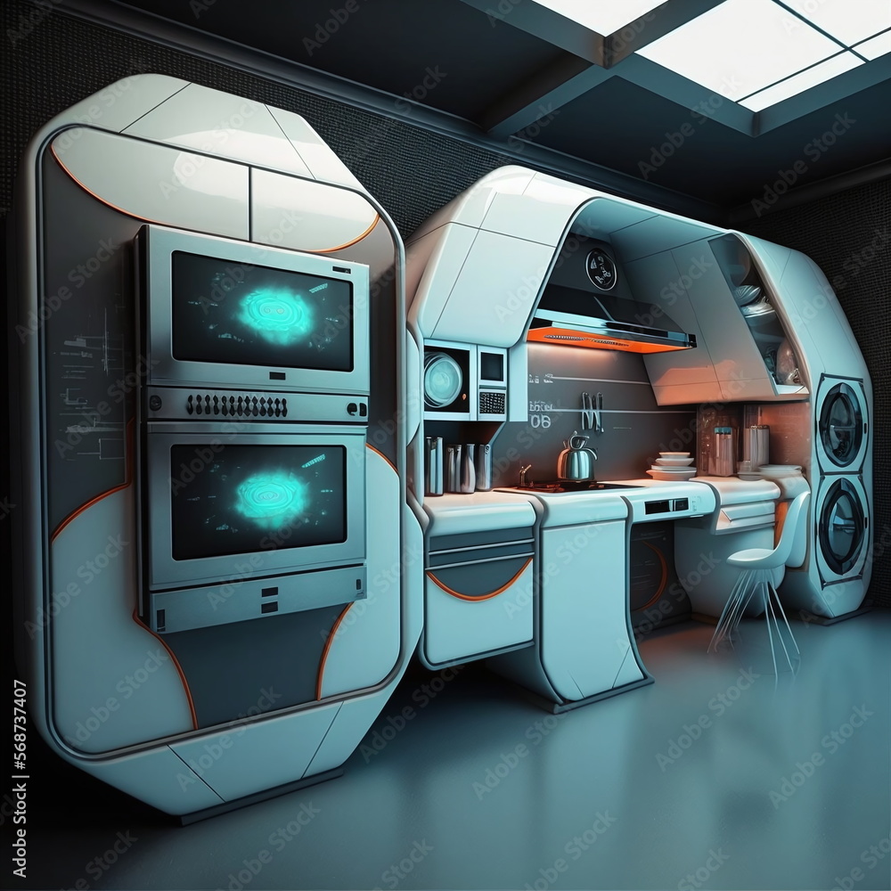 Kitchen of the future. Futuristic appliances on counter top and ...