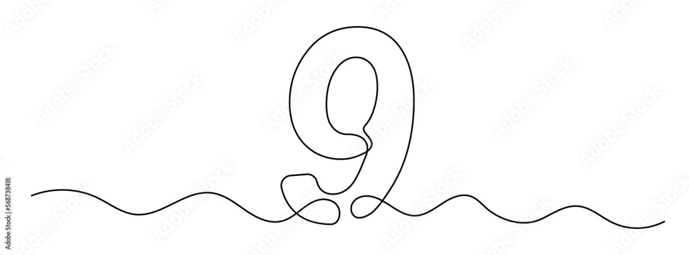 Number 9 in continuous line drawing style. Line art of number nine ...