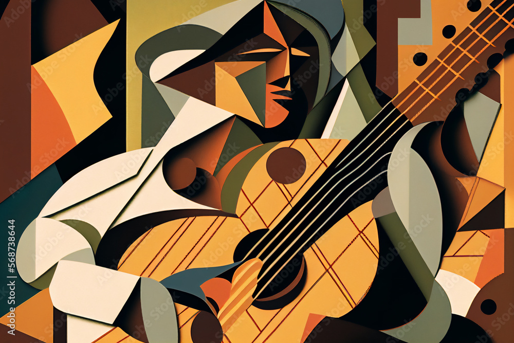 Afro-American male musician guitarist playing a guitar in an abstract ...