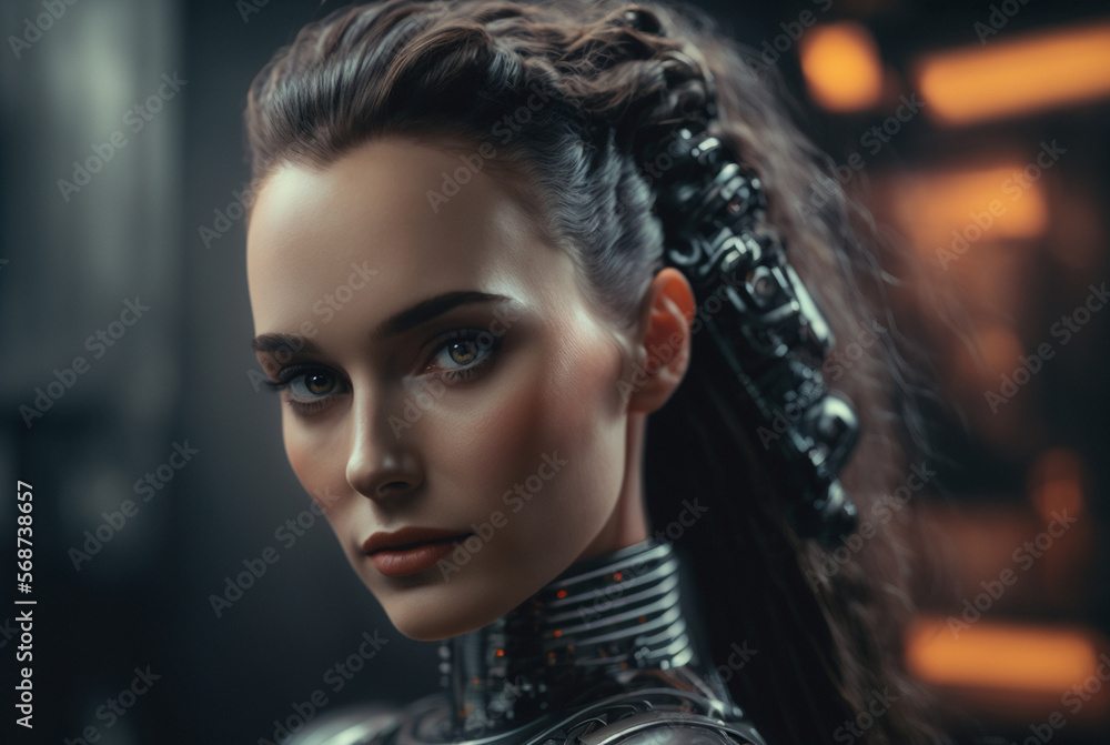 a woman half-robot or a humanoid android with artificial intelligence ...