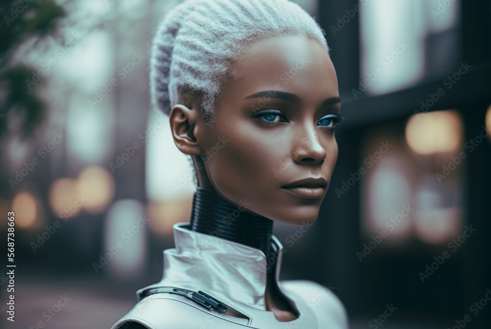 a woman half-robot or a humanoid android with artificial intelligence ...