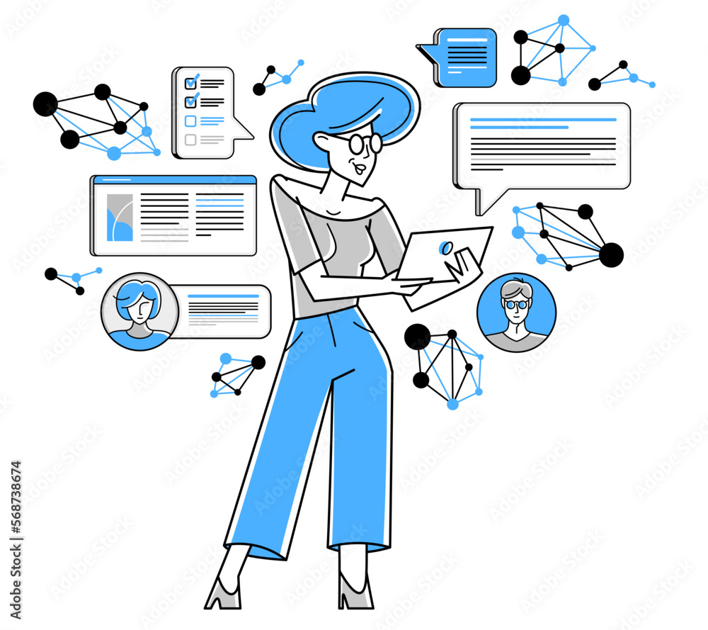 Working online person doing some creative job vector outline ...