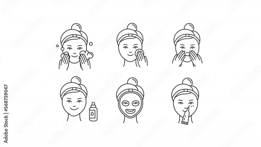 Animated beauty care linear icons. Applying skincare products ...