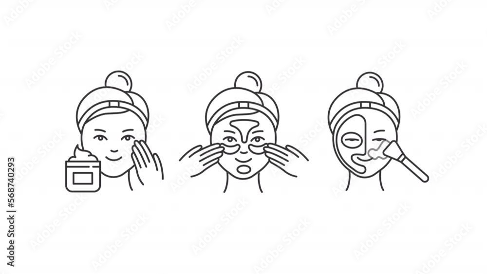 Animated face care linear icons. Applying facial cream and mask. Beauty ...
