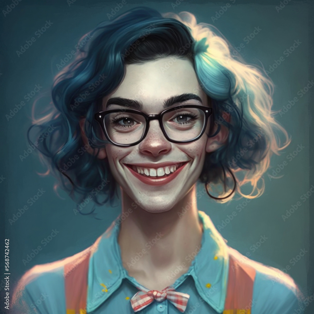 Happy nerd transgender with eyeglasses and toothy smile, generative AI ...