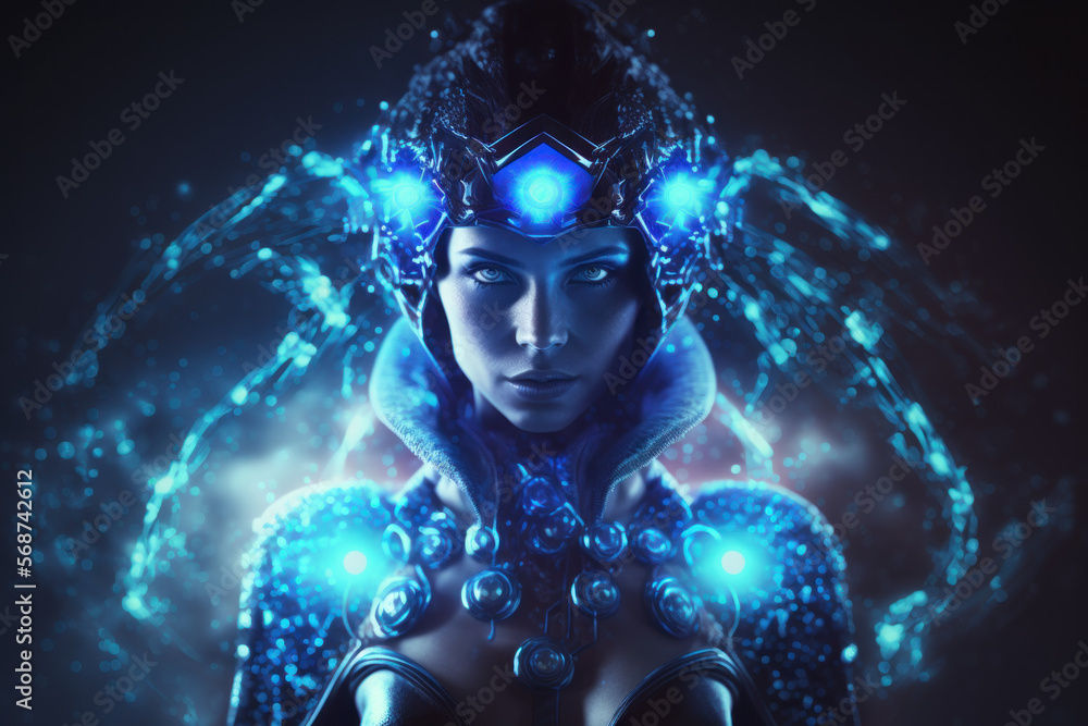 Artificial Intellingence In Sexy Female Robot With Blue Glowing Light And Semiconductor