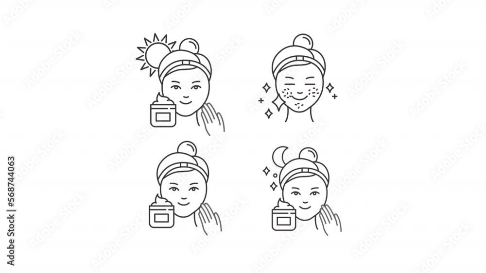 Animated cream types linear icons. Day and night face cream. Beauty ...