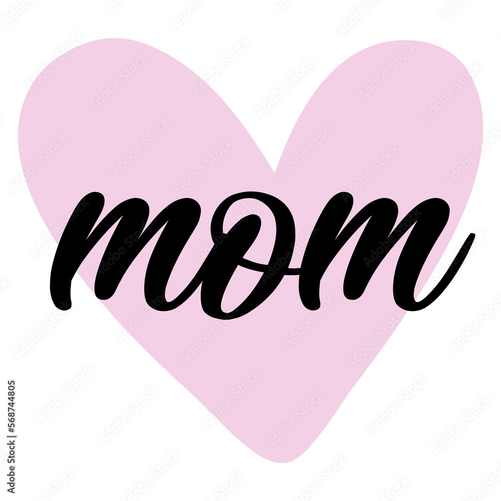 Día de la Madre. Letras de la palabra mom en corazón. Texto manuscrito ...