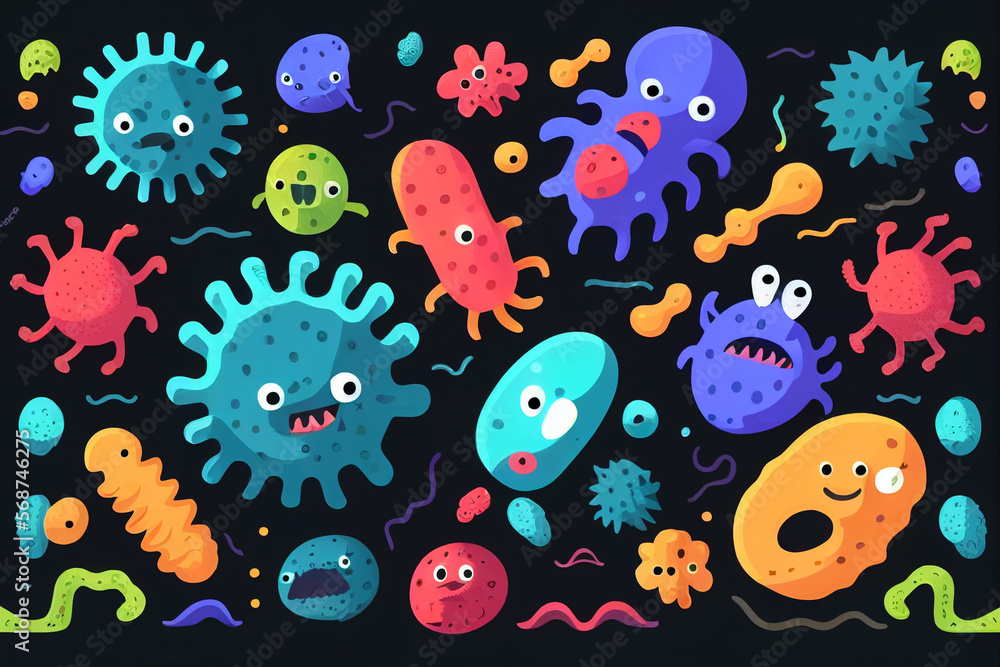 microbes and bacteria cartoon on black background Stock Illustration | Adobe Stock