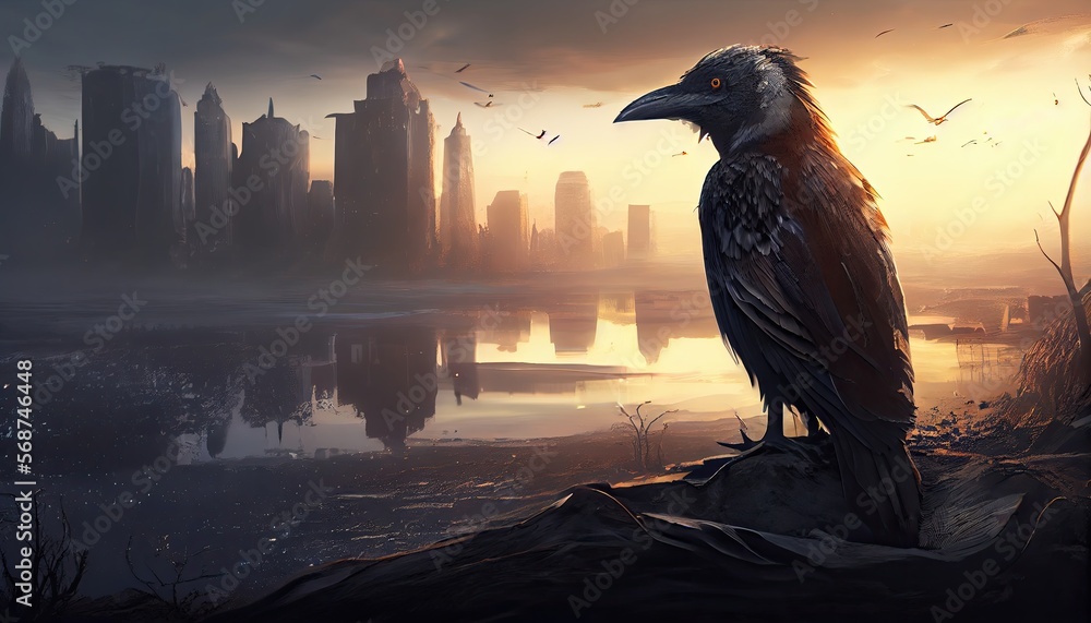 Raven bird in dystopian apocalyptic, End of world environmental ...