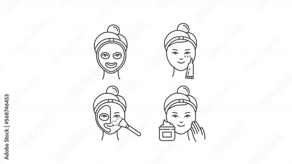 Animated skincare linear icons. Face products. Beauty routine for women ...