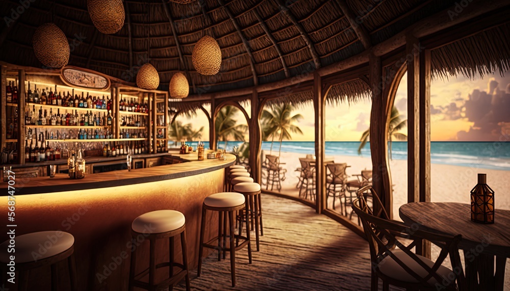 beautiful romantic beach bar with seascape at sunset or sunrise, idea ...