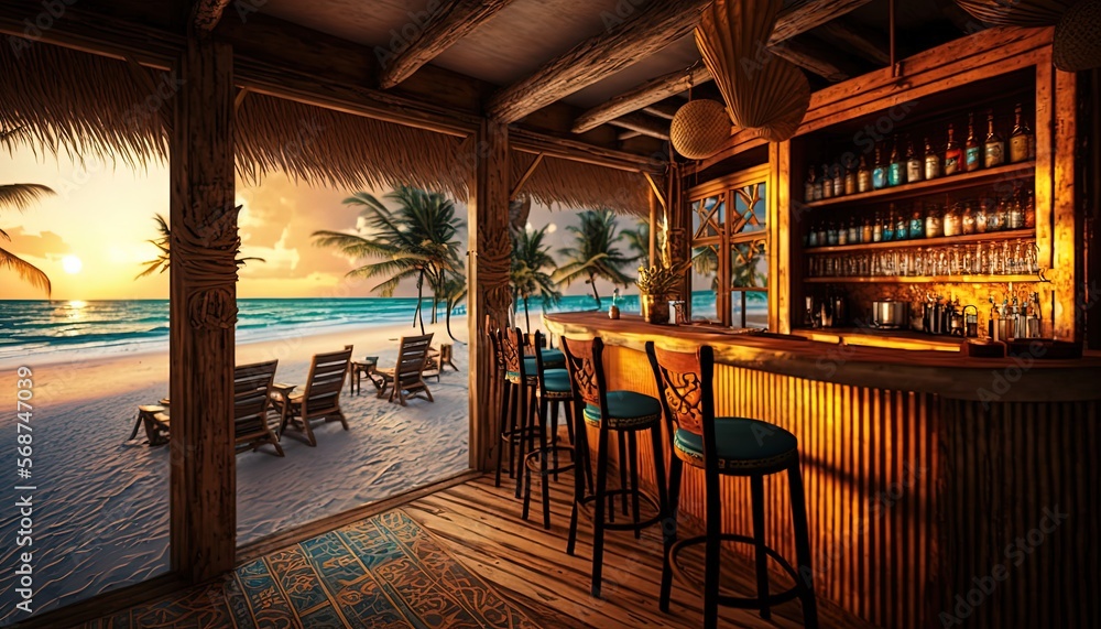 beautiful romantic beach bar with seascape at sunset or sunrise, idea ...