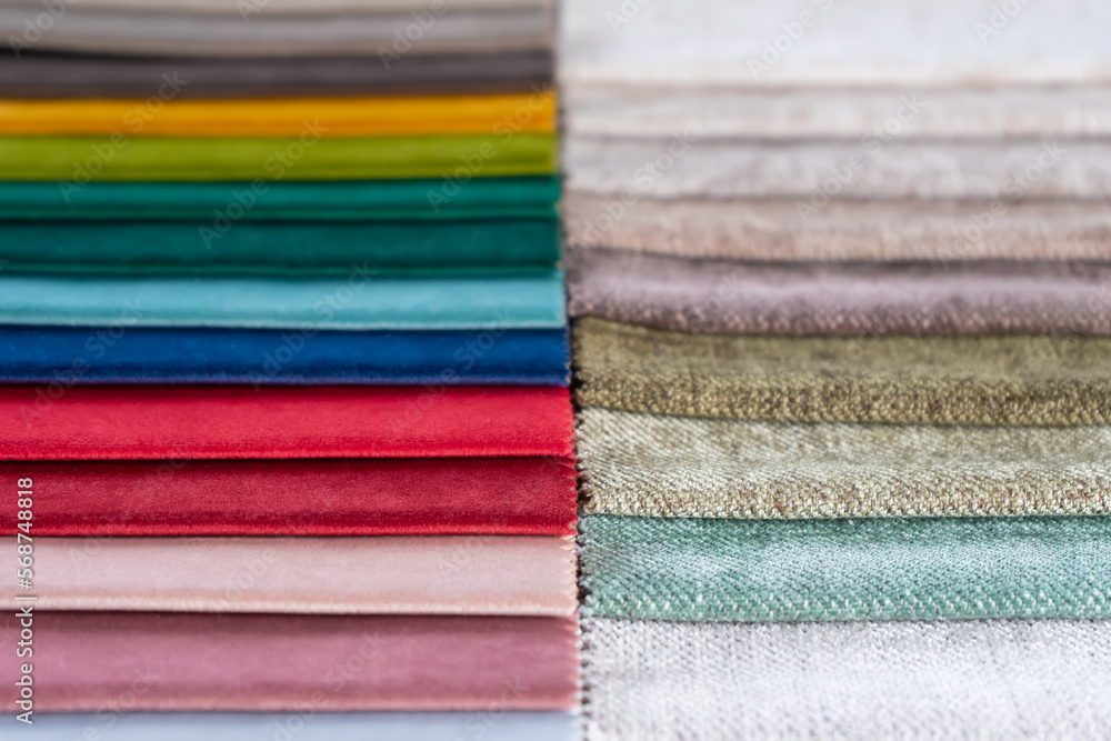 Bright collection of colorful textile samples. Fabric swatches, set in ...