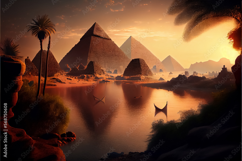 scenic illustration of the great pyramids and Nile river. AI Stock ...