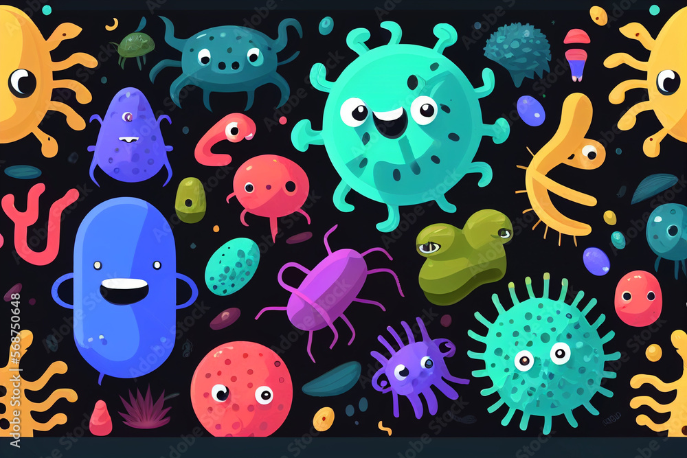 microbes and bacteria cartoon on black background Stock Illustration ...