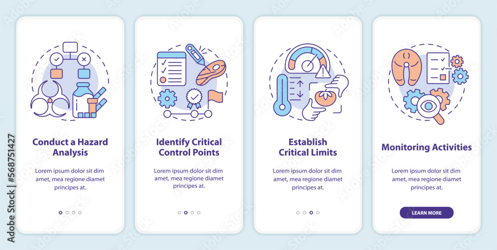 HACCP principles onboarding mobile app screen. Risks reducing ...