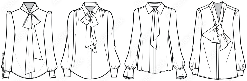womens long sleeve bow blouse flat sketch vector illustration technical ...