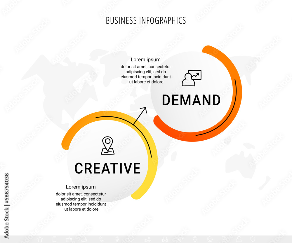 Vector business infographics template. Timeline with 2 circle, icon, arrow, steps, two number ...