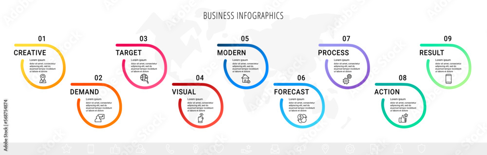 Vector line infographics with 9 circles. Business concept graphic ...