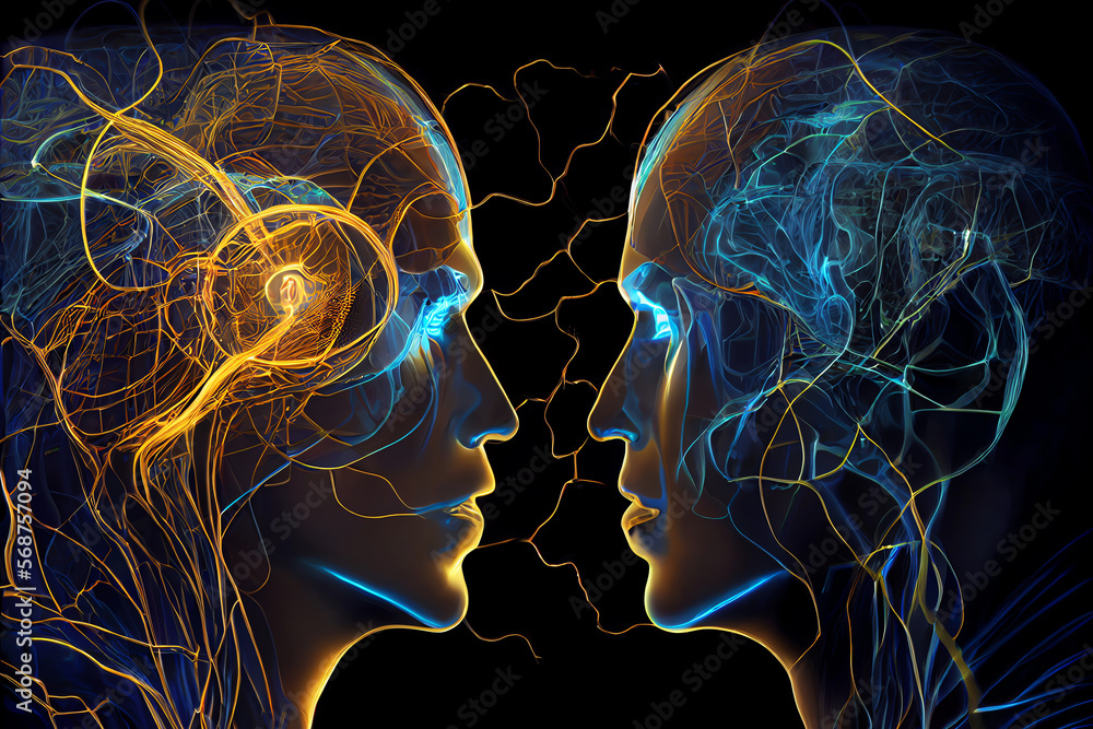 Futuristic exchange of ideas at a neuronic level, generative AI Stock ...