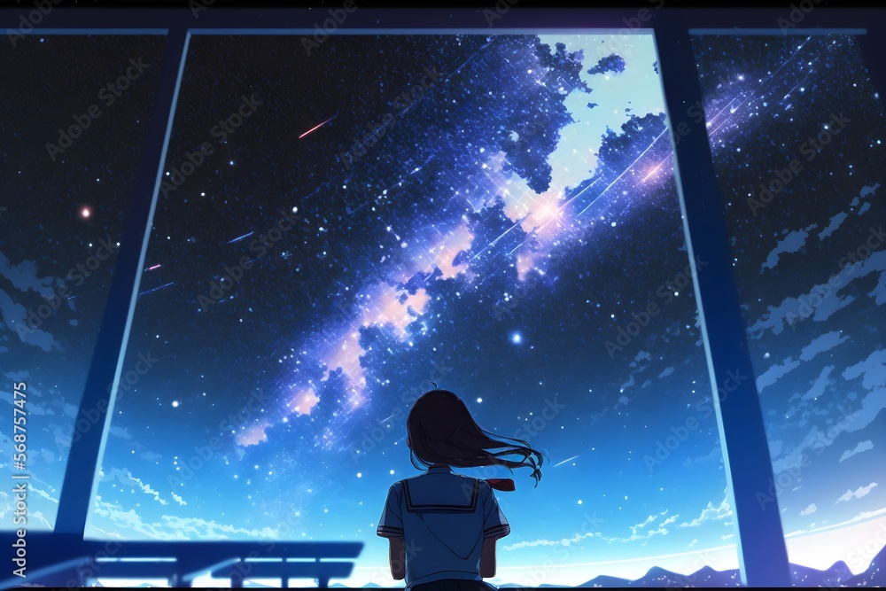 anime girl watching a sky full of stars Stock Illustration | Adobe Stock