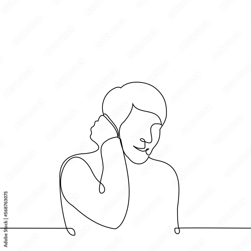 shy man smiles and smoothes his hair behind his ear - one line drawing ...