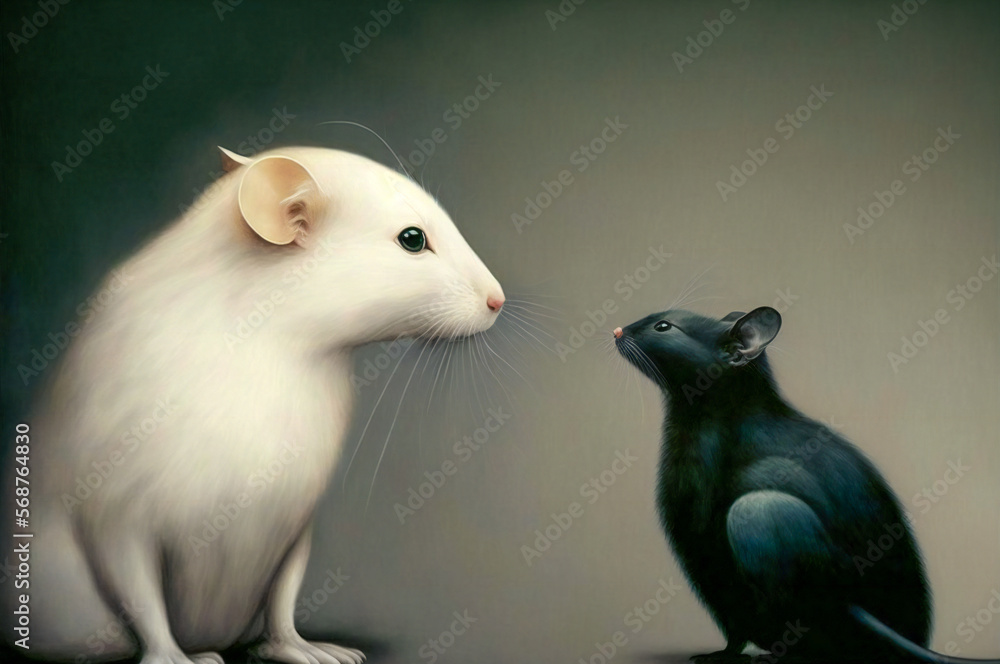 Dialogue between a bigger white mouse and a smaller black one. Surreal ...